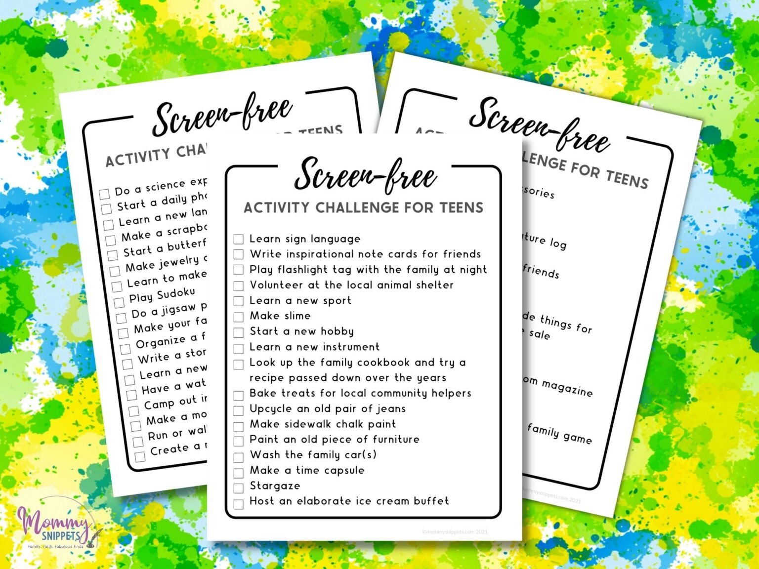 24 Screen Free Activities for Kids- Free Printable
