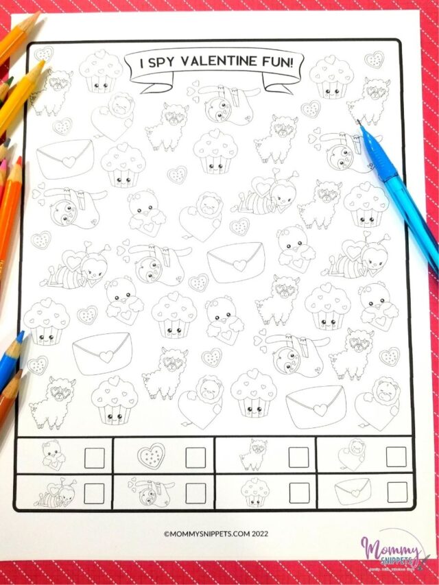 Fun I Spy Valentine Worksheet and Valentine I Spy Card for Kids
